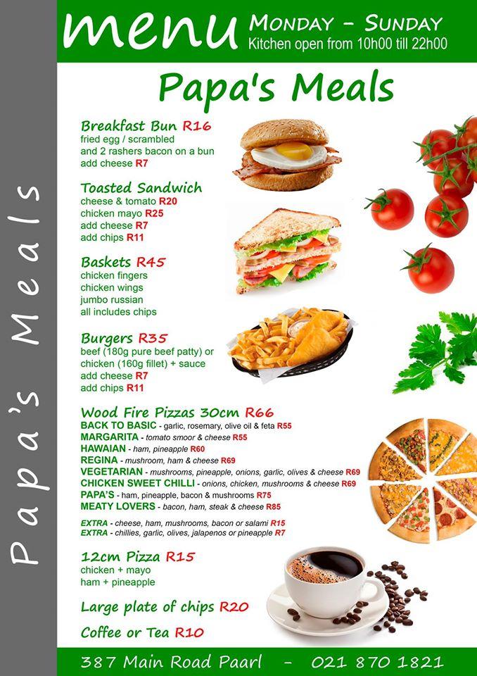 Menu at Papa's pub & bar, Paarl