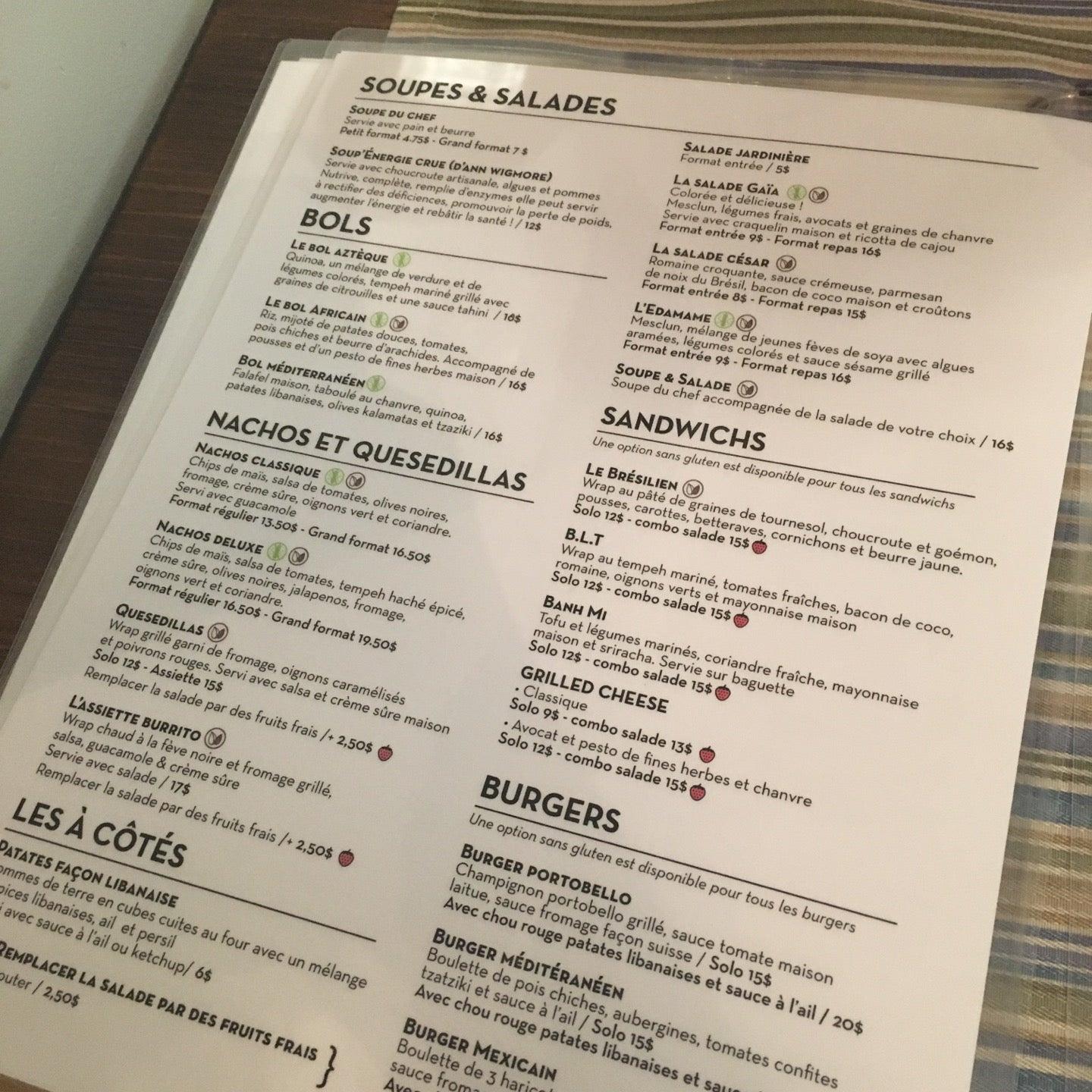 Menu at Pur-Simple restaurant, Bromont