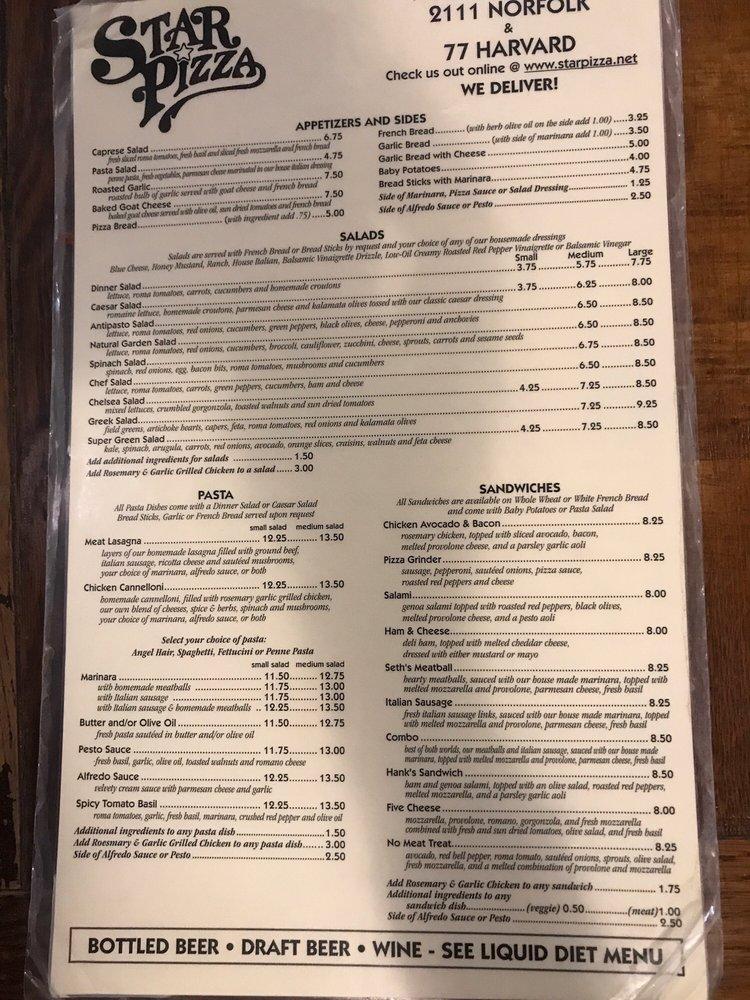 Menu at Star Pizza pizzeria, Houston, 77 Harvard St