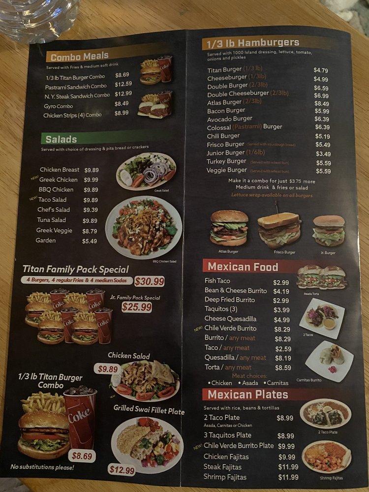 Menu at Titan Burgers Chino restaurant, Chino
