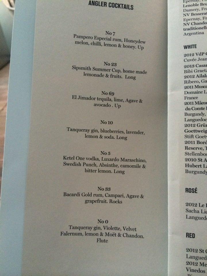 Menu at Angler restaurant, London