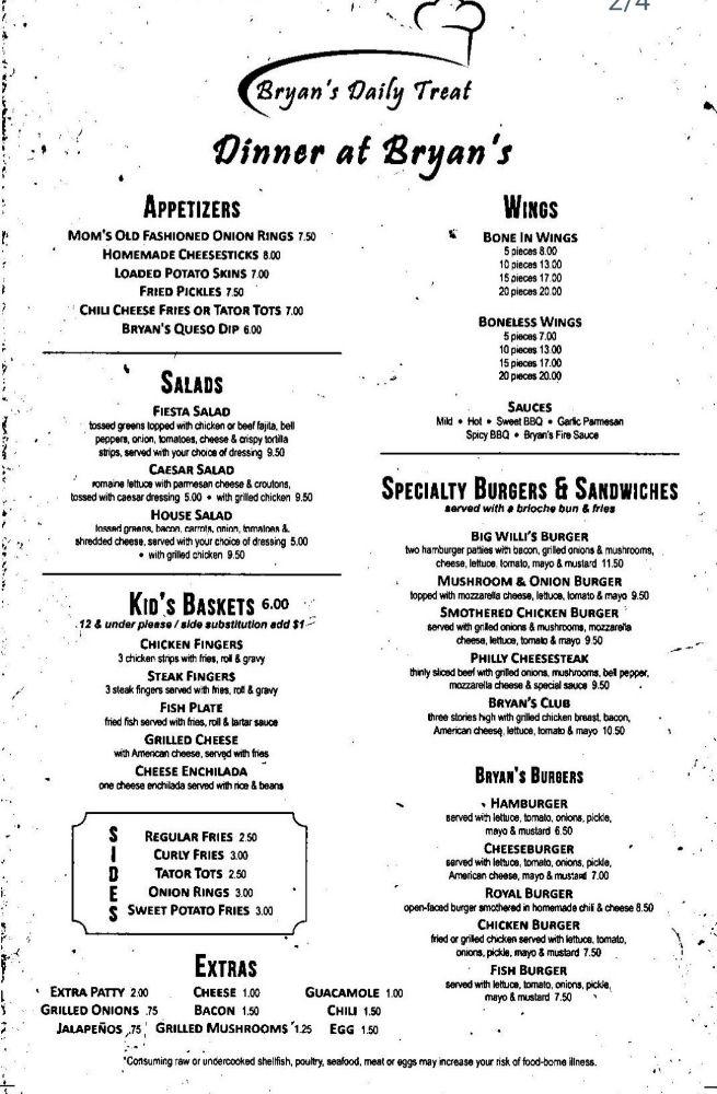 Menu at Bryans Daily Treat restaurant, Moulton
