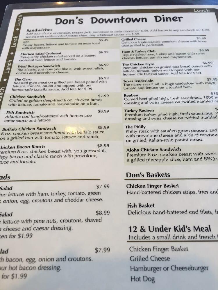 Menu at Don's Downtown Diner restaurant, Bellefontaine