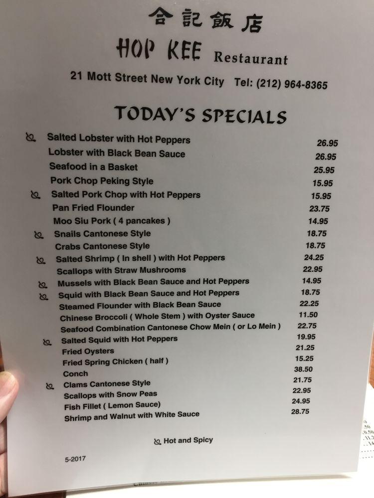 Menu at Hop Kee Restaurant, New York City