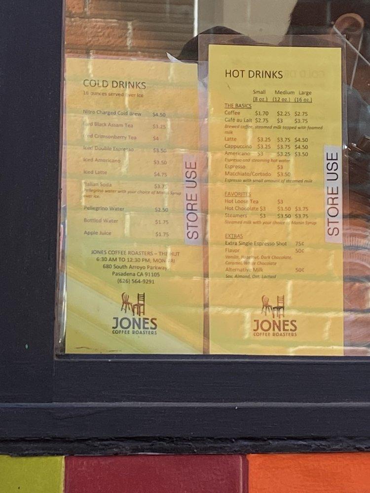Menu at Jones Coffee Hut, Pasadena