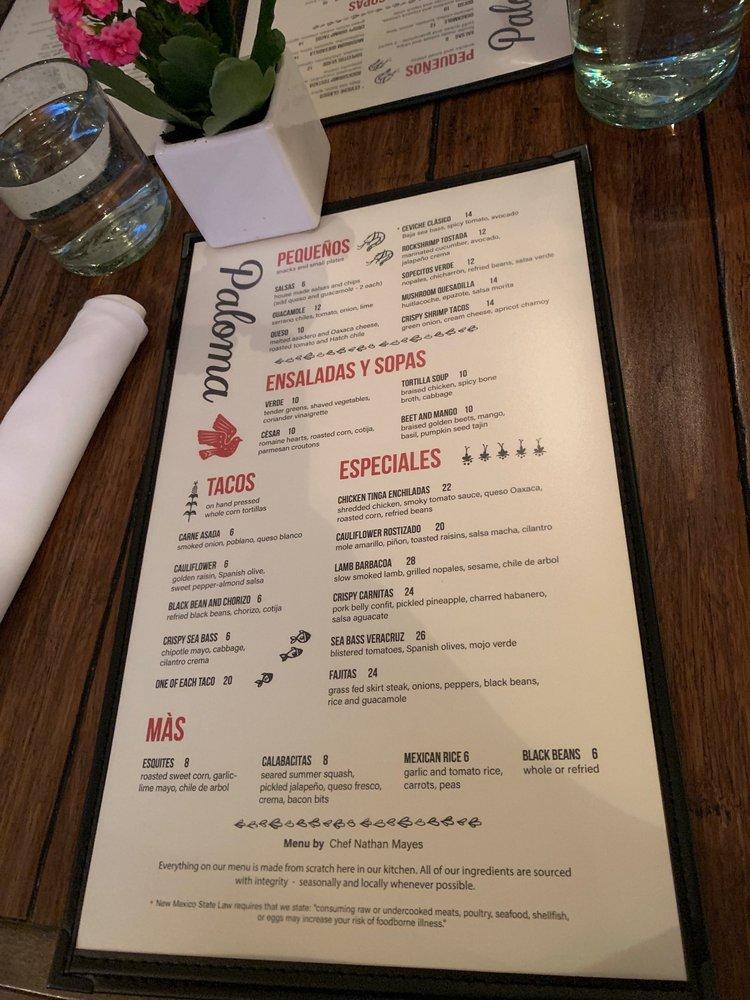 Menu at Paloma Restaurant, Santa Fe