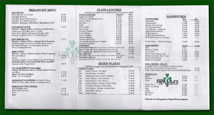 Menu at Papa Ole's Kitchen restaurant, Hauula