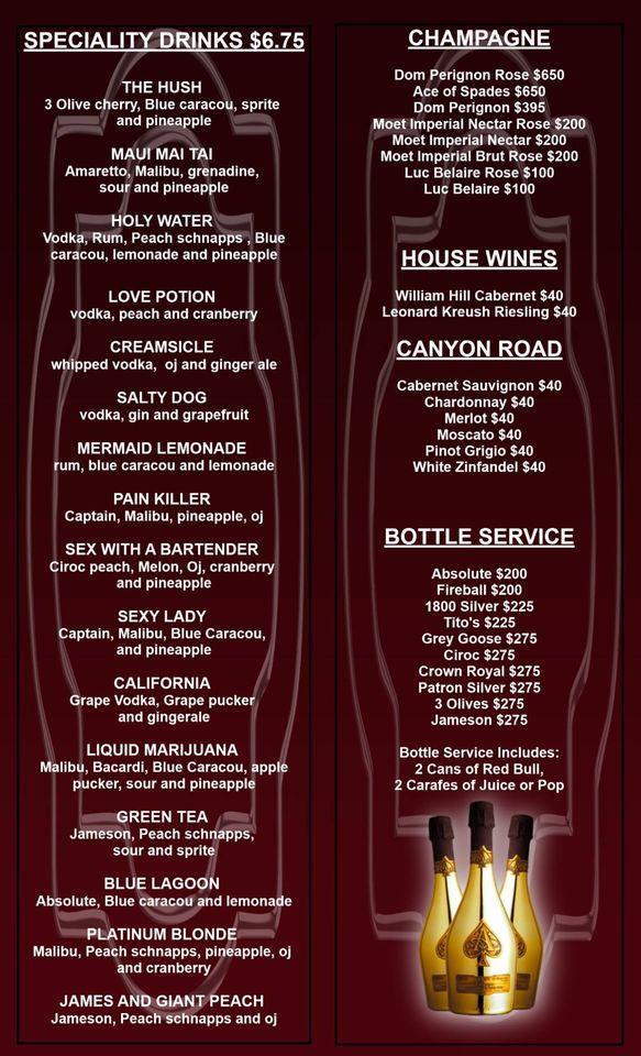 Menu at Hush Cabaret, Akron