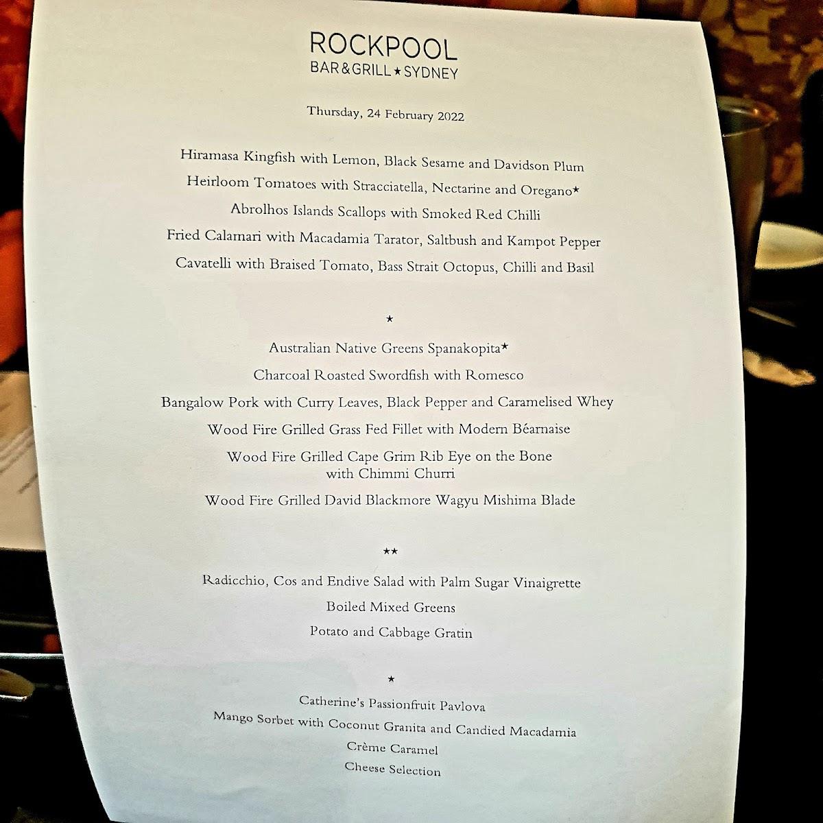 Menu at Rockpool Bar & Grill Sydney, Sydney