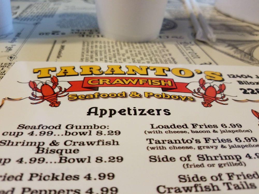 Menu at Taranto's Crawfish restaurant, Biloxi