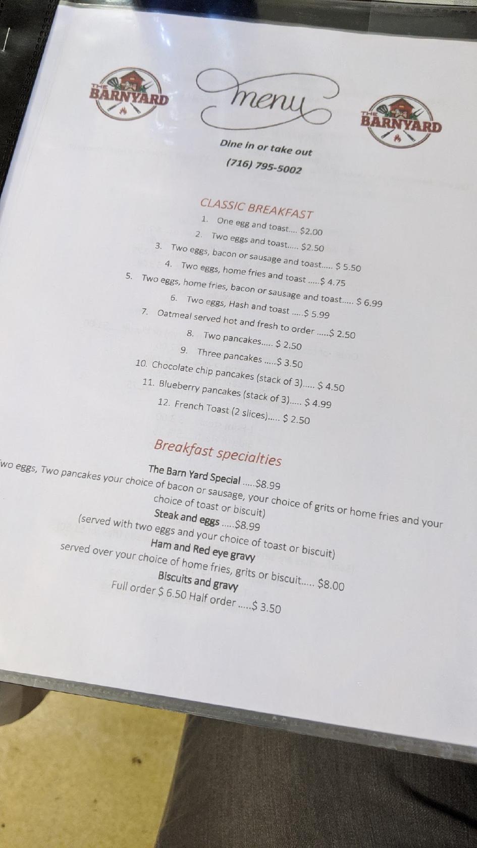 Menu at The Barnyard, Barker