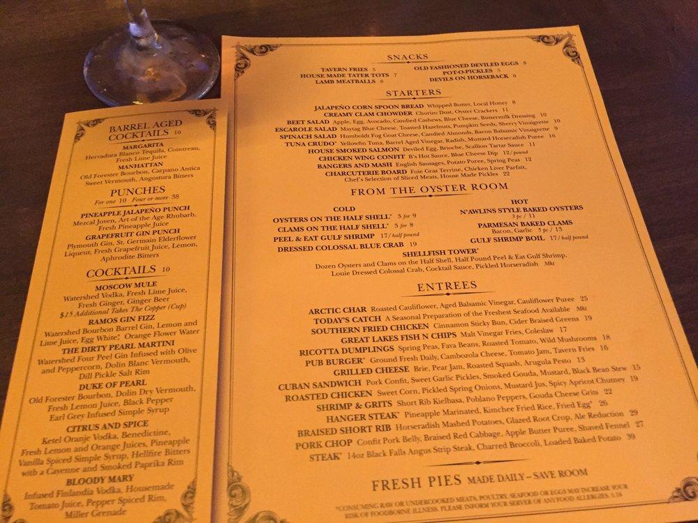 Menu at The Pearl restaurant, Columbus, 641 N High St