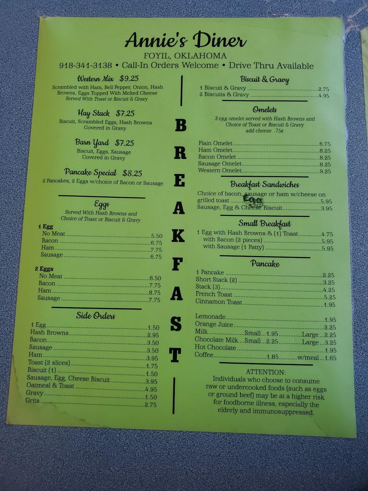 Menu at Annie's Diner restaurant, Claremore