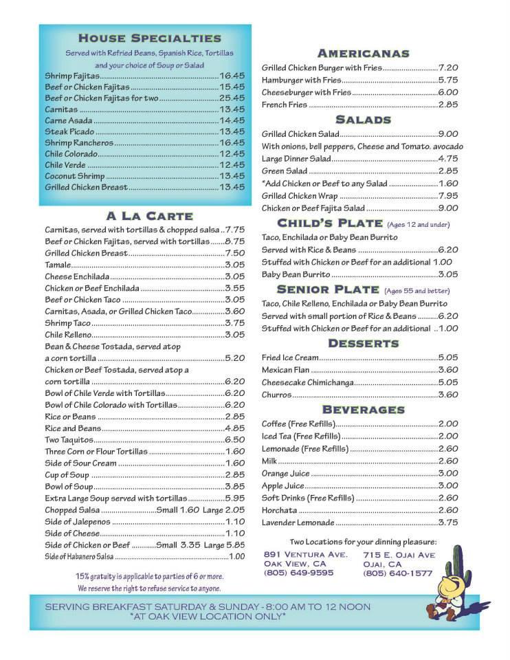 Menu at Casa de Lago restaurant, Ojai