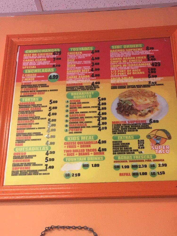 Menu at El Super Taco restaurant, Alamosa