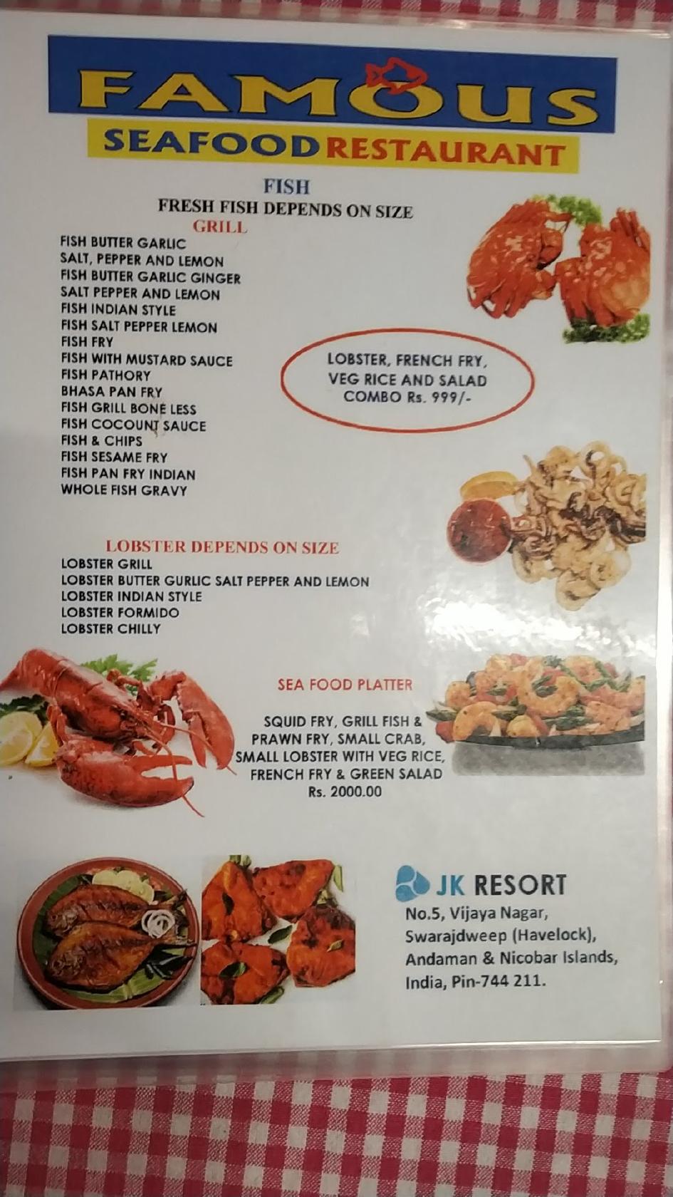 Menu at Famous Seafood Restaurant, India, No.5 Vijay Nagar Beach No.5 ...