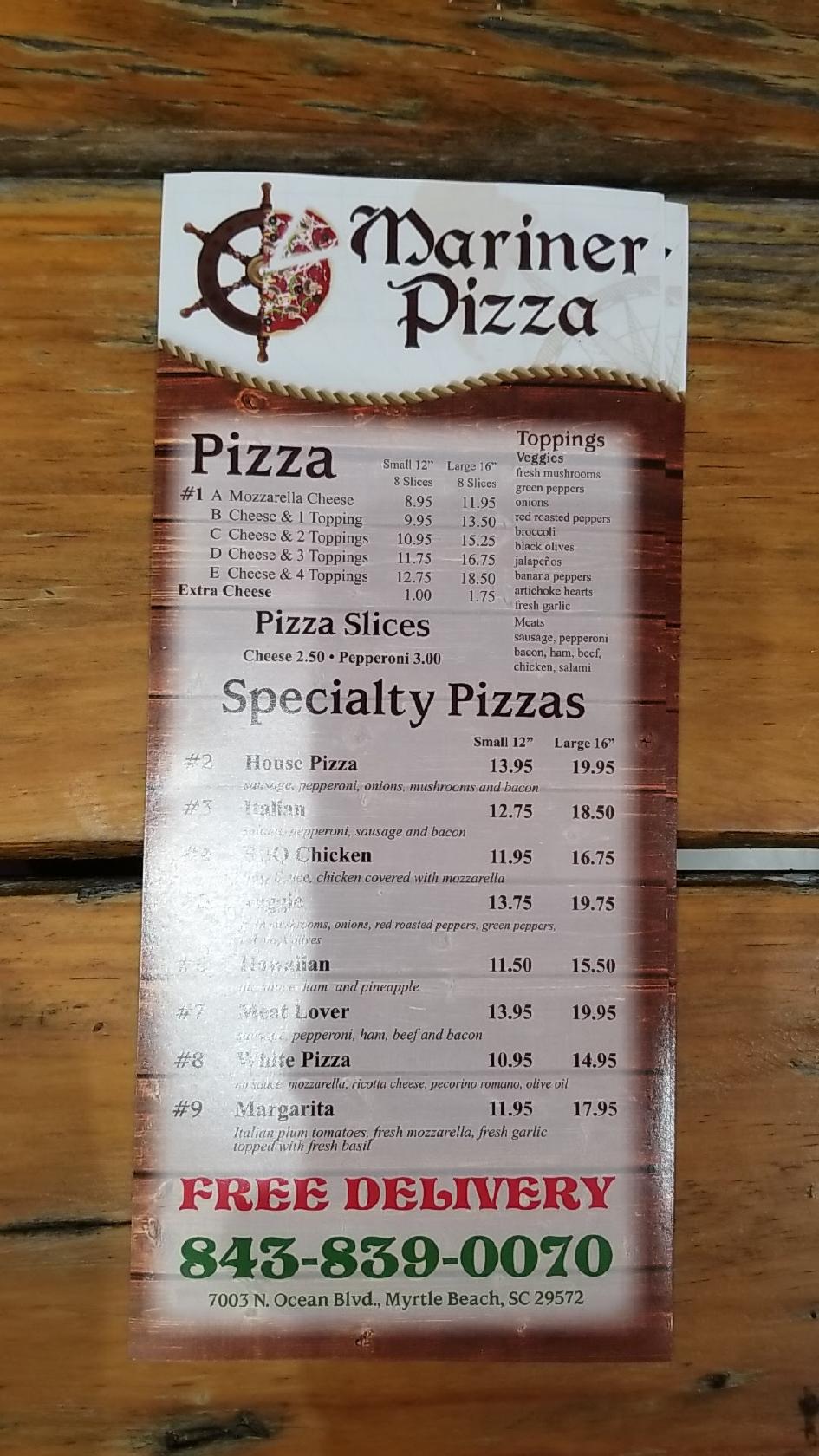 Menu at Mariner Pizza pizzeria, Myrtle Beach