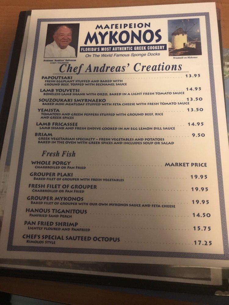 Menu at Mykonos restaurant, Tarpon Springs