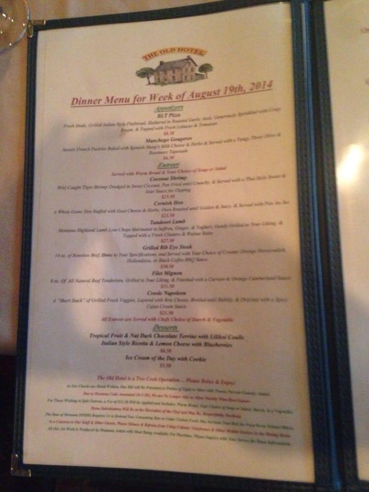 Menu at Old Hotel restaurant, Twin Bridges