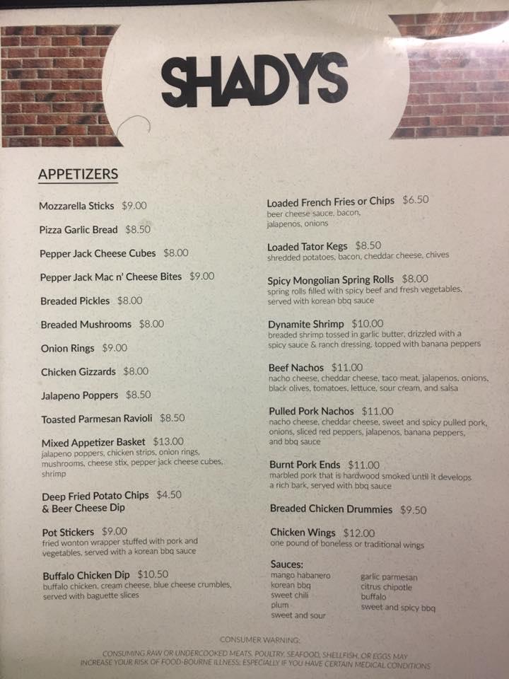Menu at Shady's Restaurant & Lounge, Jamestown