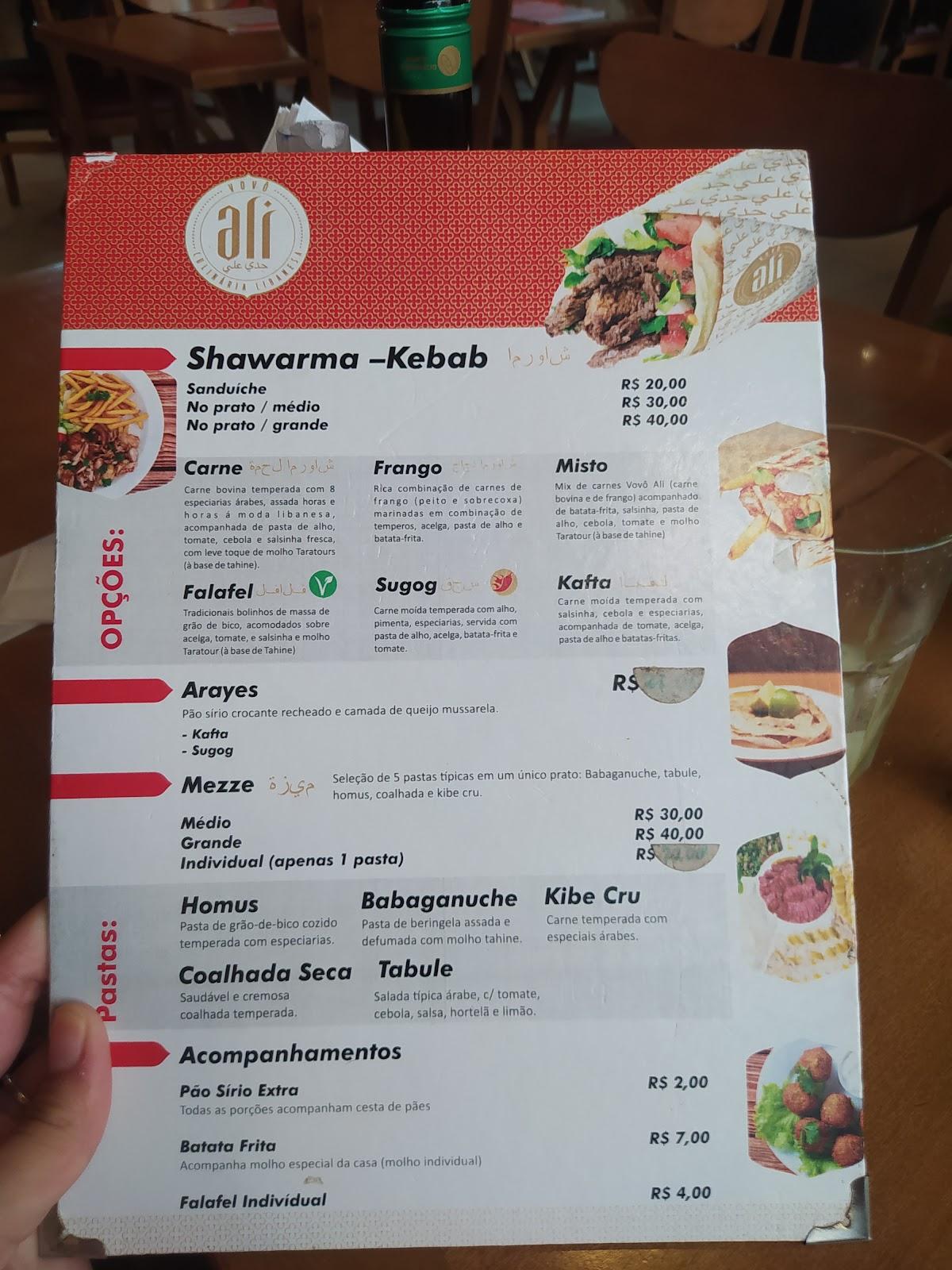 Menu at Vovô Ali restaurant, São Paulo, Av. Vieira de Carvalho