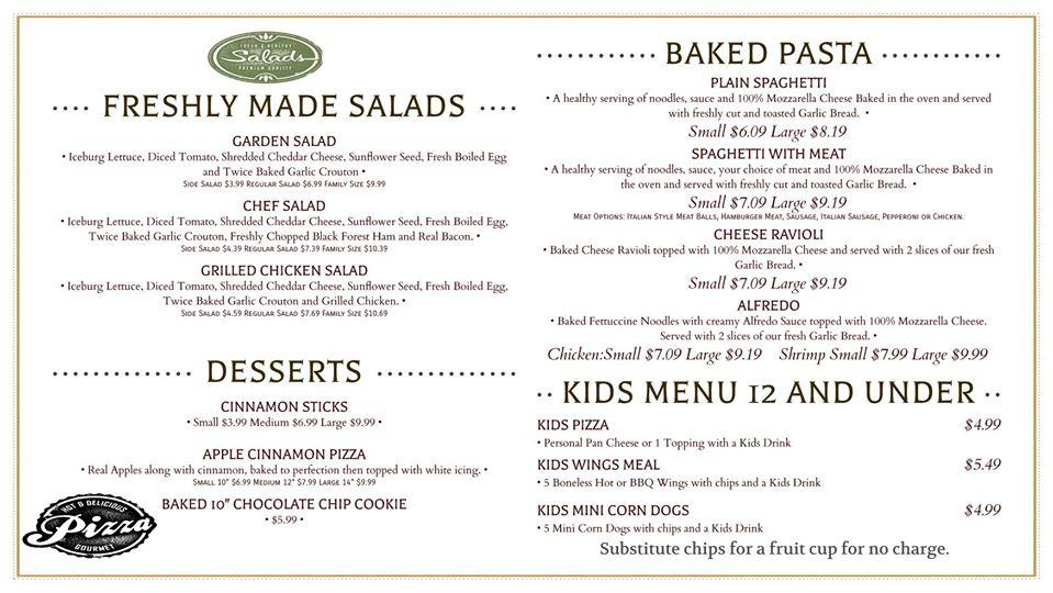 Menu at Will's Pizzeria, Hazen, 109 US-70