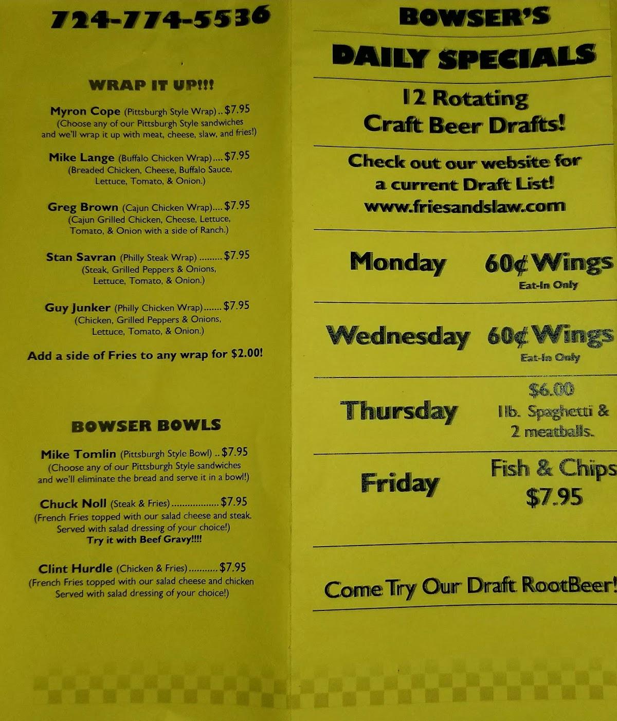 Menu at Bowser's restaurant, Monaca