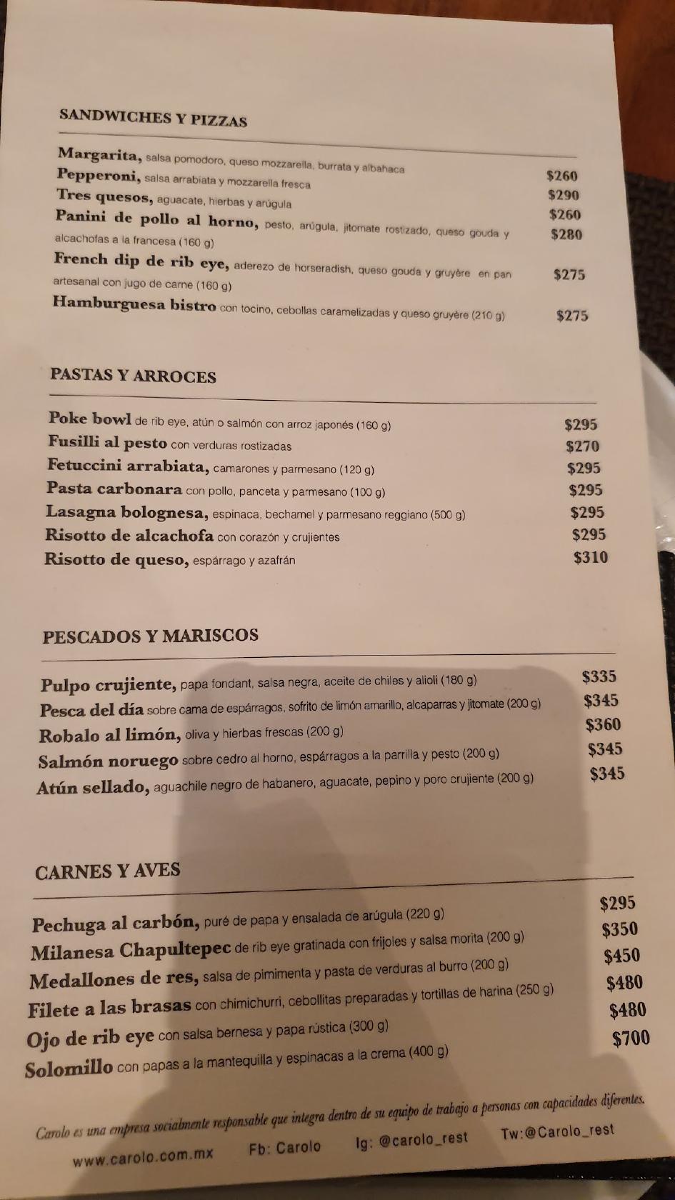 Menu at Carolo Paseo Interlomas restaurant, Naucalpan