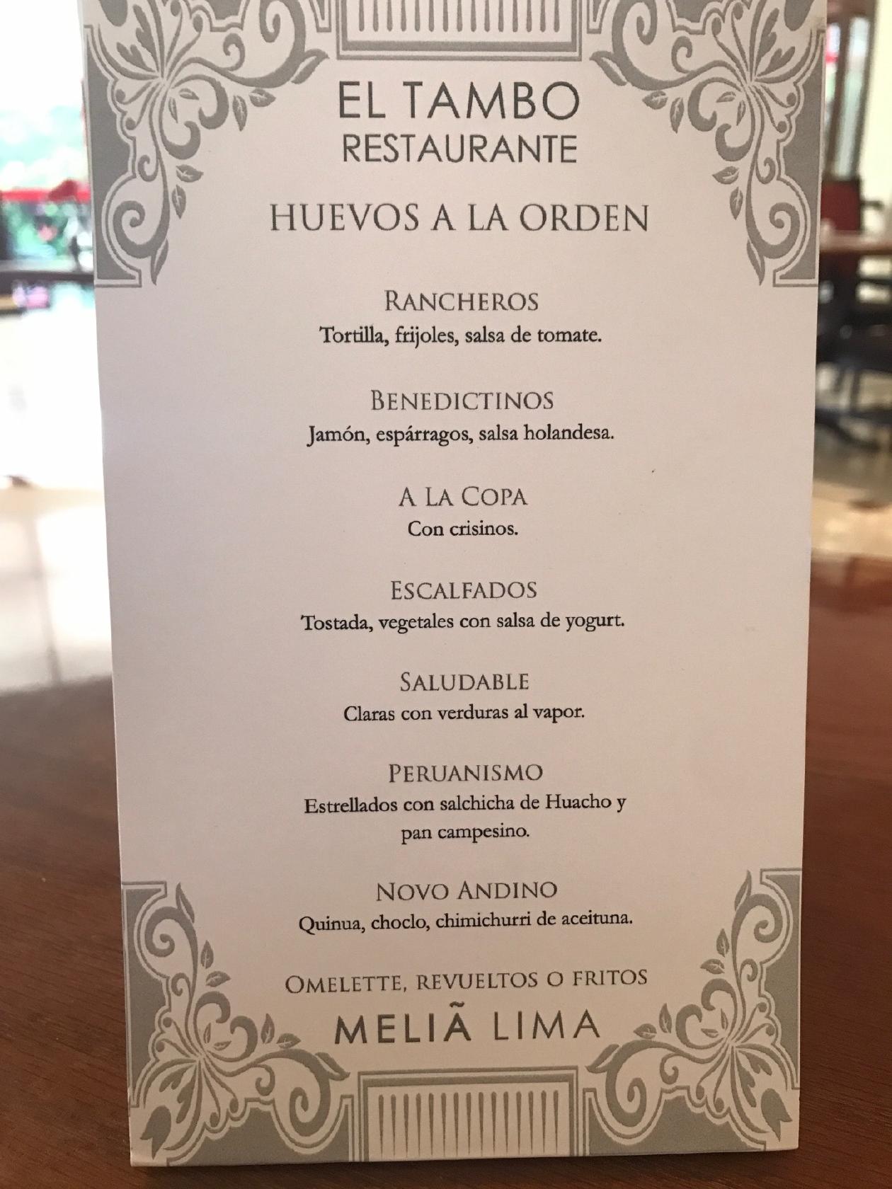 Menu at Tambo restaurant, Lima, Avenida General Salaverry