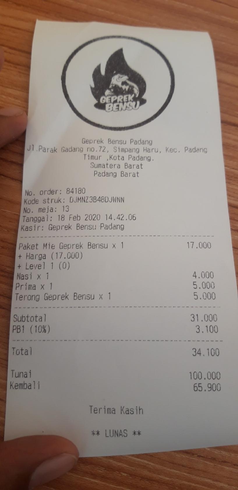 Menu at Geprek Bensu Padang restaurant, Padang