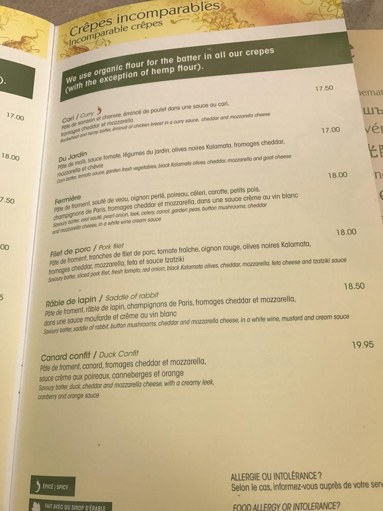 Menu at Jardin Nelson restaurant, Montreal