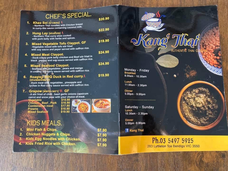 Menu at Kang Thai restaurant, Bendigo, 25-27 Williamson St