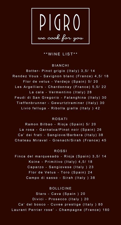 Carta del pub y bar Pigro, Ibiza, Avenida 8 del Agosto n.32