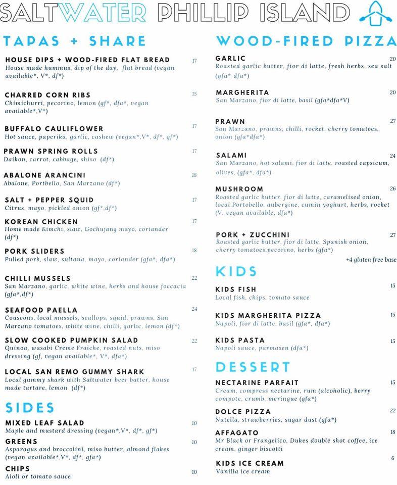 Menu at SALTWATER Phillip Island restaurant, Newhaven