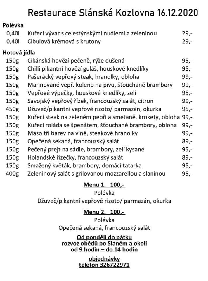 Menu at Slánská Kozlovna restaurant, Slaný