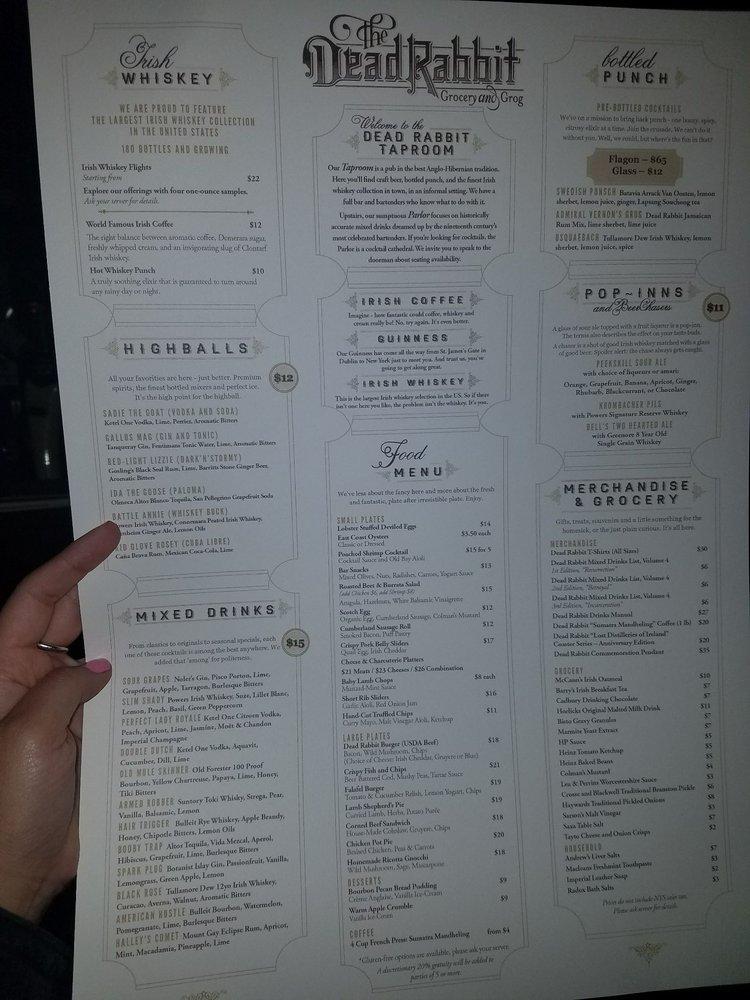 Menu at The Dead Rabbit pub & bar, New York City