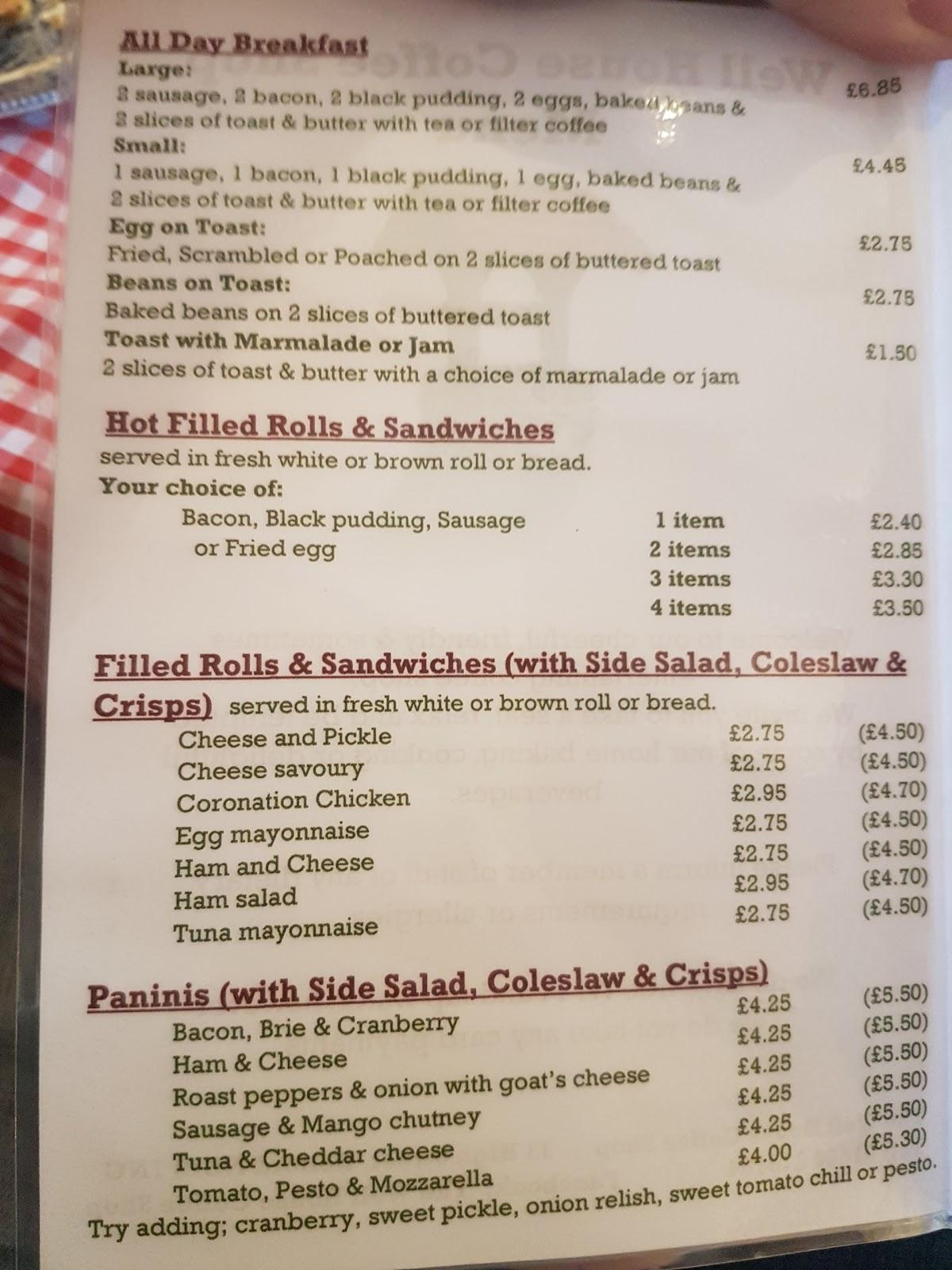 Menu at Well House Coffee Shop restaurant, Belford