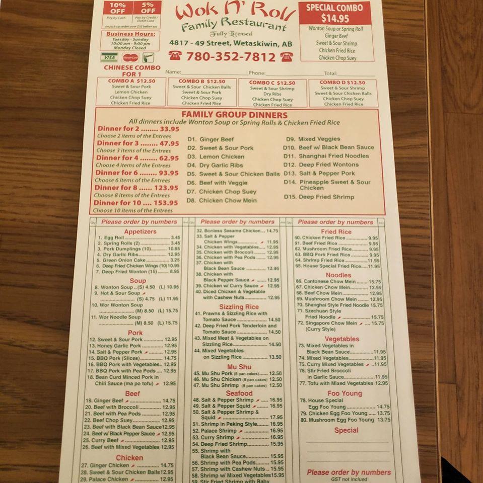 Menu au Wok n' Roll Restaurant, Wetaskiwin
