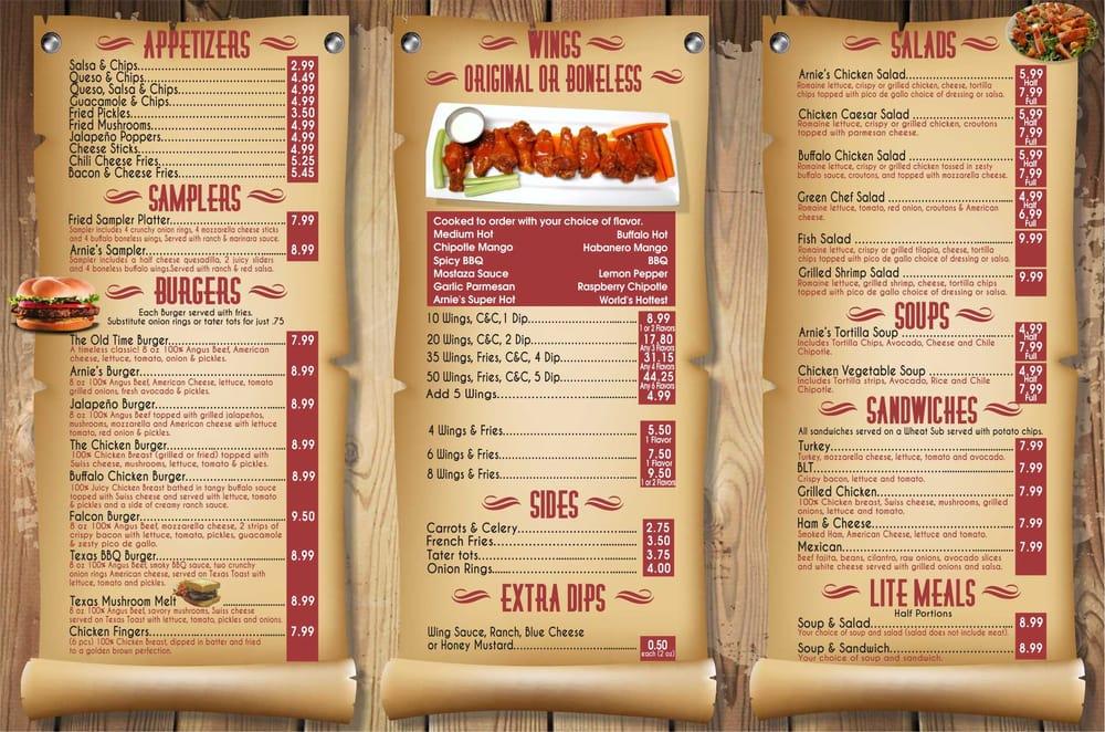 Menu at Arnie's Winghouse pub & bar, Los Fresnos