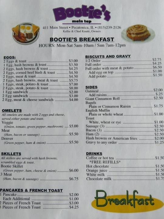 Menu at Bootie's Main Tap pub & bar, Pecatonica