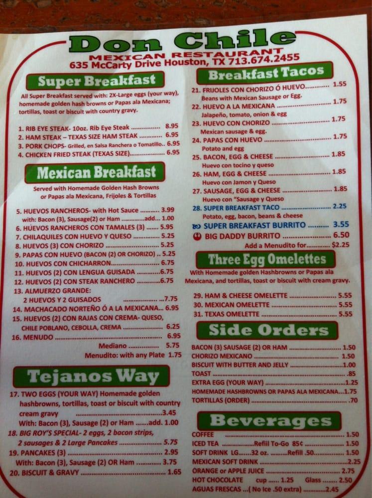 Menu at Don Chile Mexican Restaurant, Houston