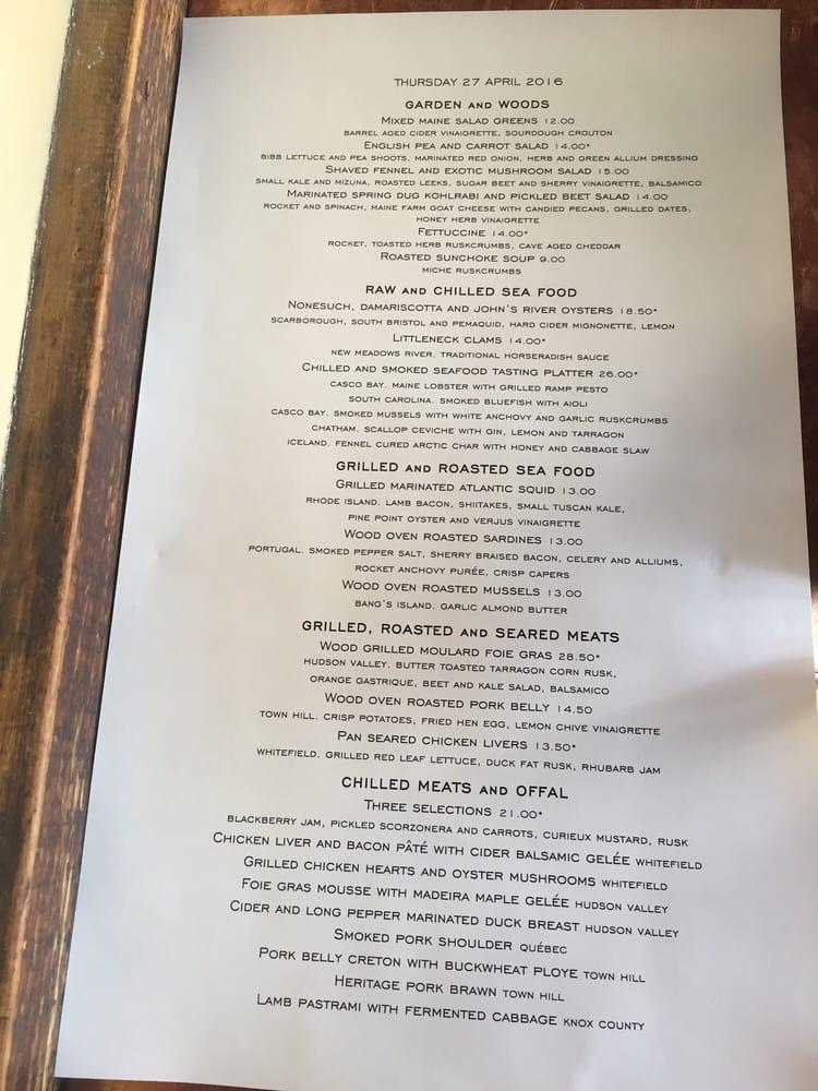 Menu at Fore Street Restaurant, Portland