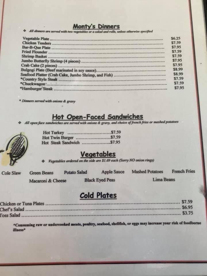 Menu at Monty's Penguin restaurant, Newport News