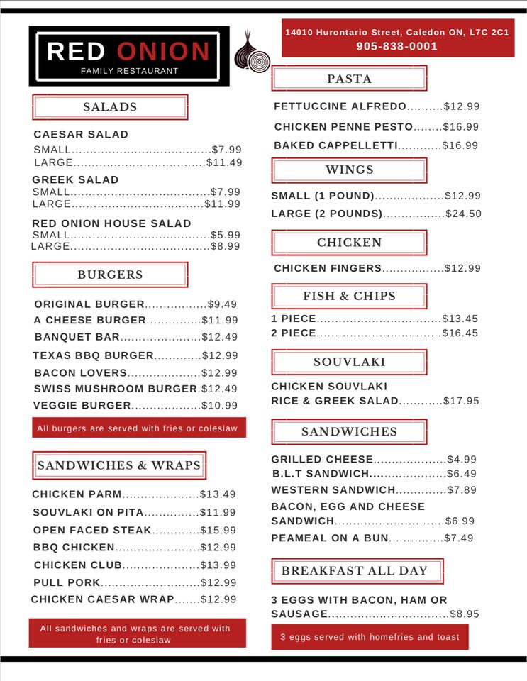 Menu at Red Onion Caledon restaurant, Caledon