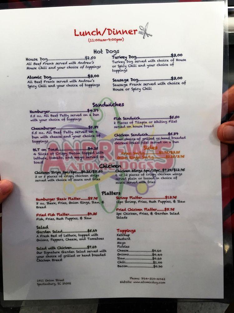 Menu at Andrews Atomic Dogs restaurant, Spartanburg