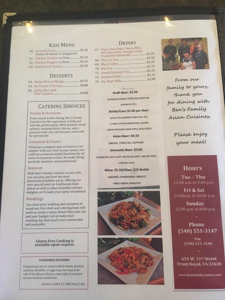 Menu at Ben's Family Cuisines restaurant, Front Royal