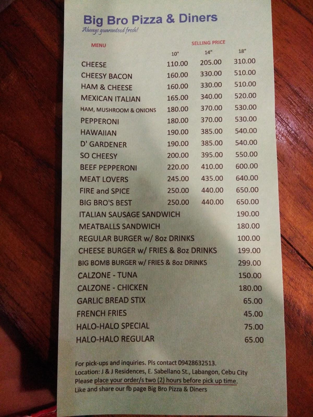 Menu at Big Bro Pizza & Diners restaurant, Cebu City, 7VV9+738