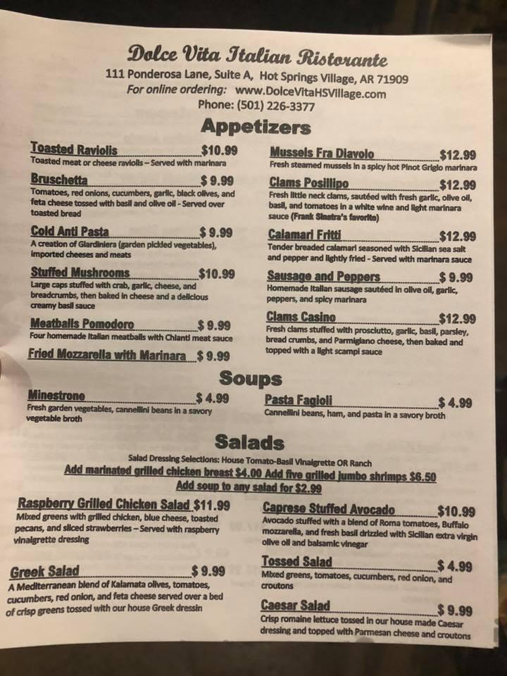 Menu at Dolce Vita Italian Ristorante desserts, Hot Springs Village