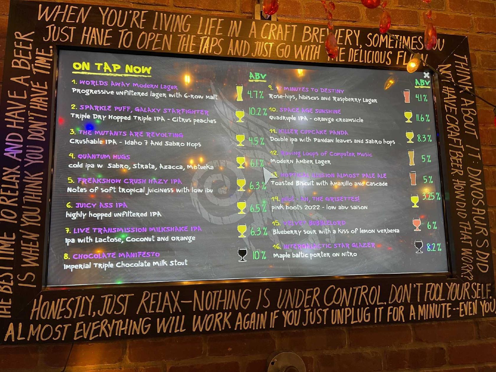 Menu at Flying Monkeys Craft Brewery restaurant, Barrie
