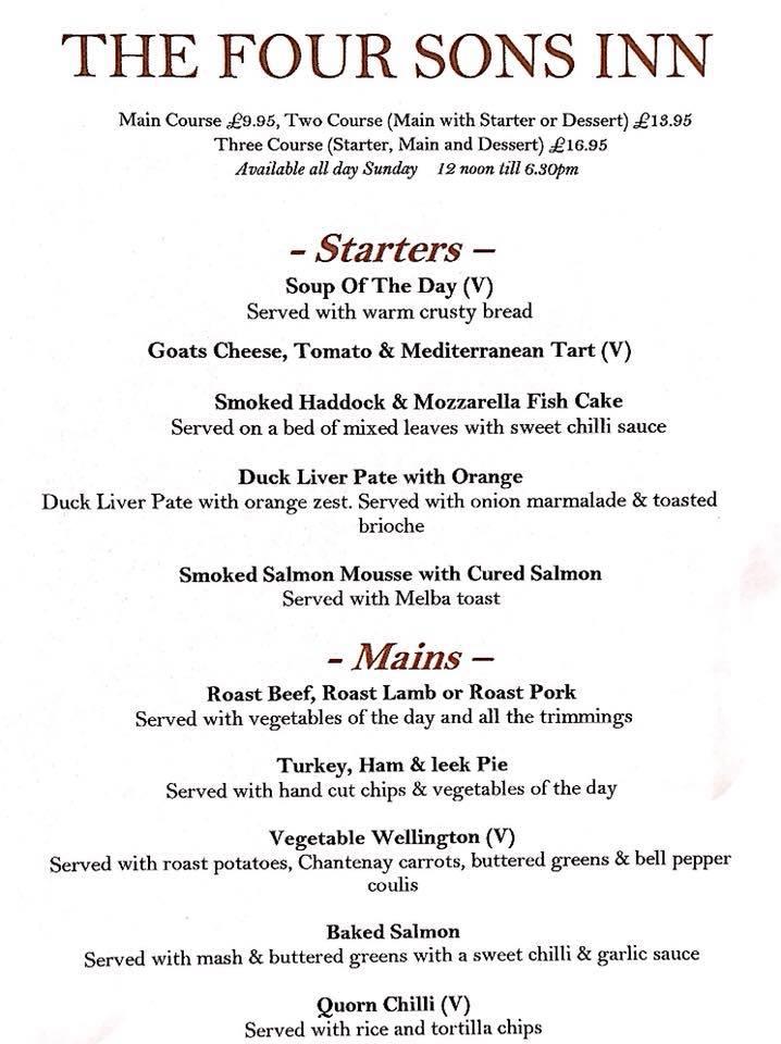 Menu at The Four Sons Inn pub & bar, Huddersfield